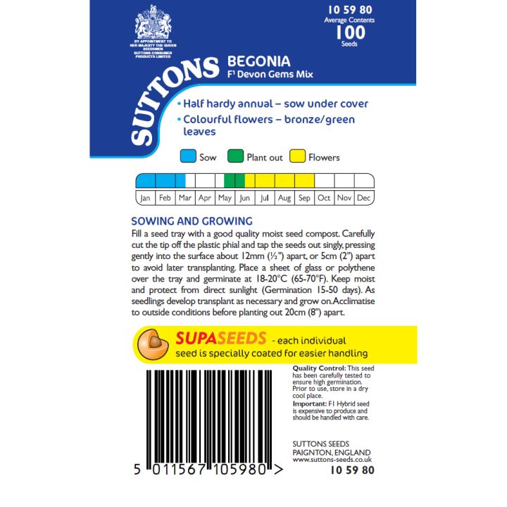 Gardening :: Seeds :: Flower Seeds :: Begonia Devon Gems Mix F1 - Supacoat